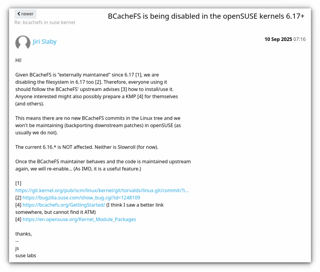 openSUSE Tumbleweed To Disable Bcachefs In Kernel 6.18 - OSTechNix